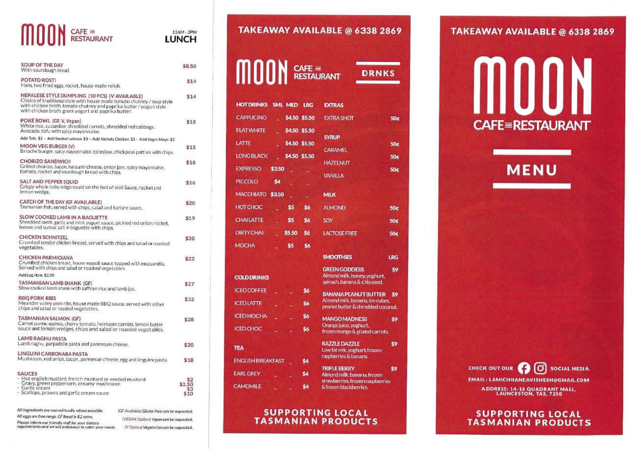 MOON CAF RESTAURANT Heads Up Launceston MOON CAF RESTAURANT Heads Up Launceston